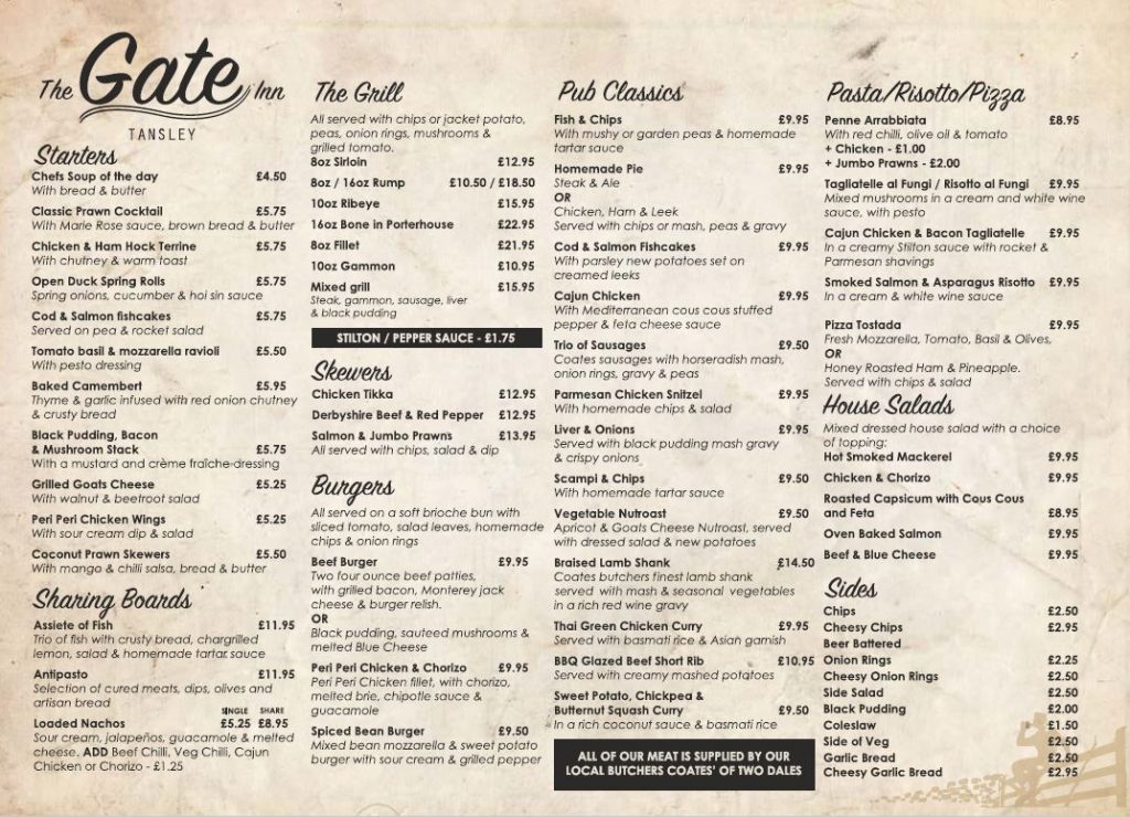 gatemainmenu - The Gate Inn Tansley